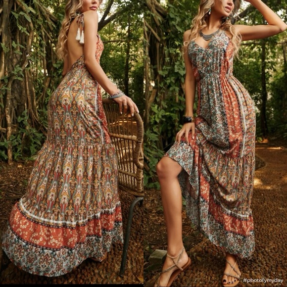 Dresses | Boho Floral Paisley Print Tassel Backless Open Low Back Cami ...